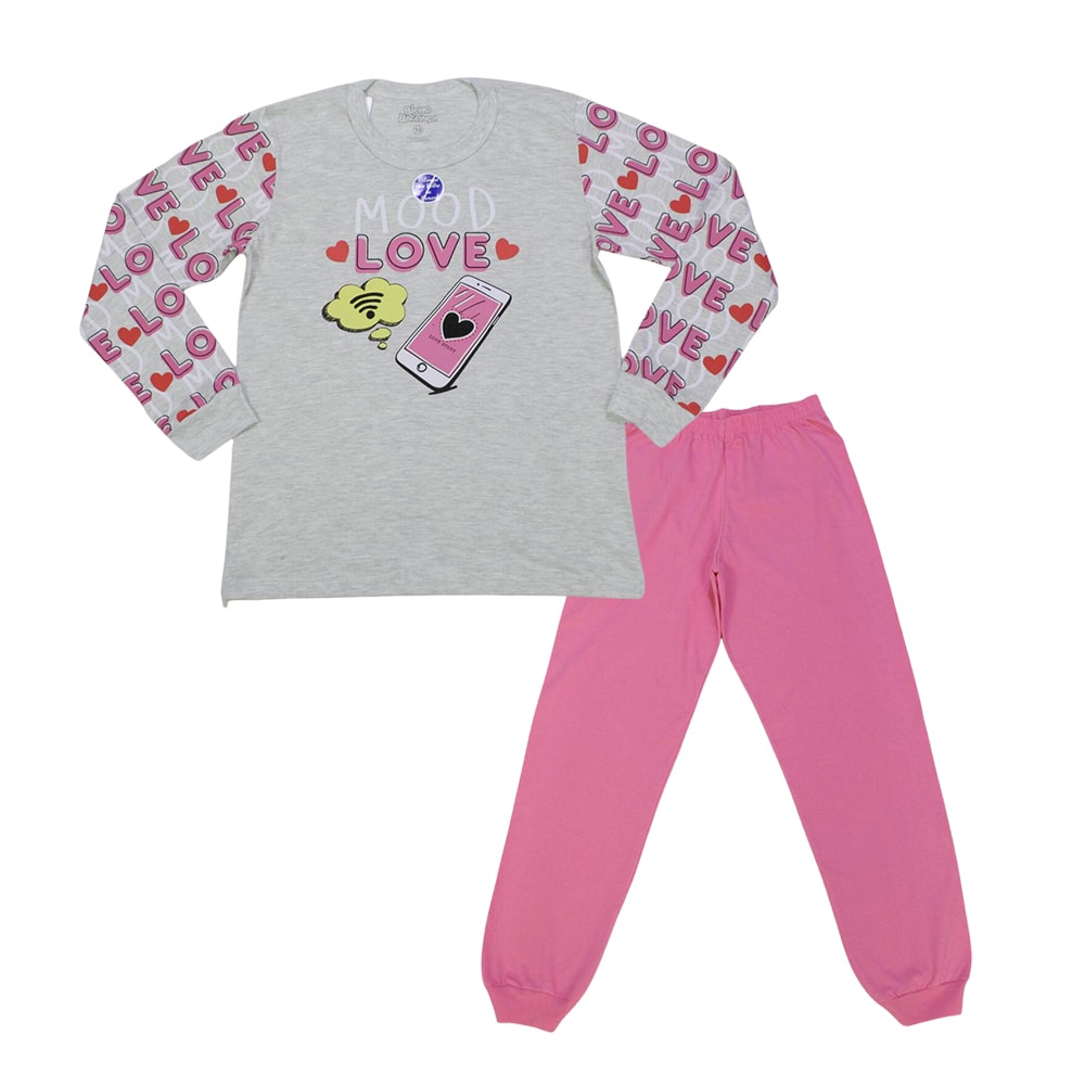 Pijama Longo Feminino Estampa Love Brilha No Escuro 9184 Bicho Bagunça
