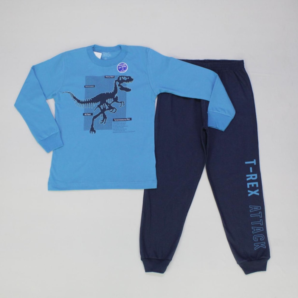 Pijama Longo Masculino Estampado Dinossauro Brilha No Escuro 9179