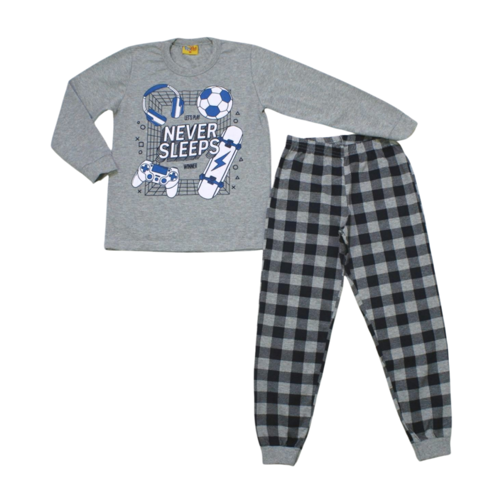 Pijama Malha Longo Masculino Estampa Never Sleeps Brilha No Escuro 20292 Rollu